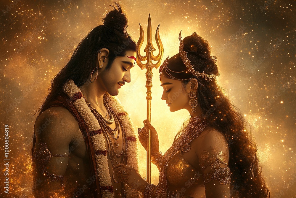 lord shiva and Parvati romance with golden trident. cosmic aura. hyper ...