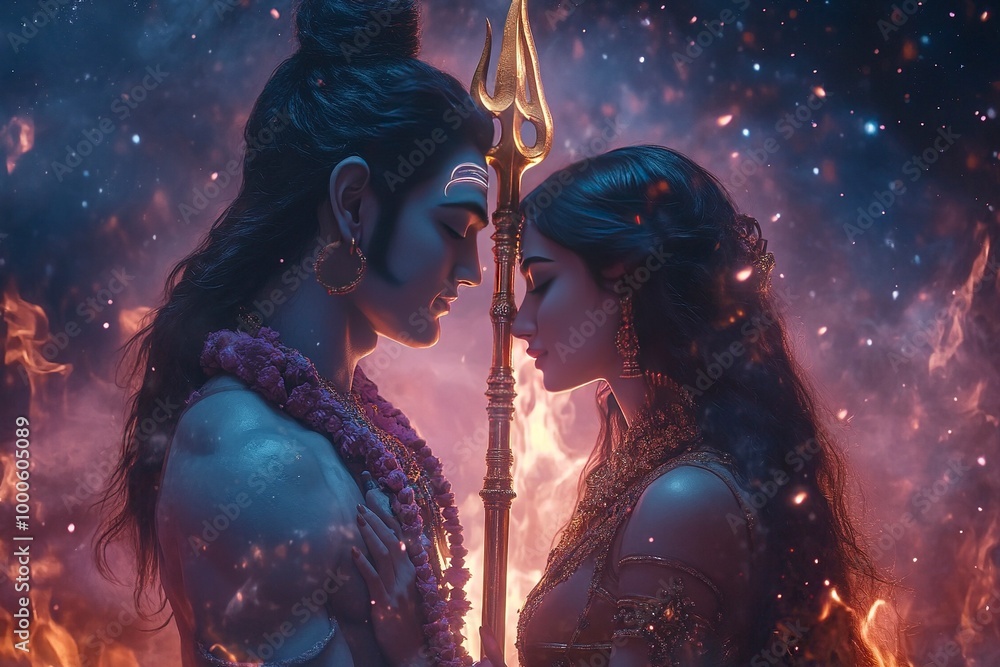 lord shiva and Parvati romance with golden trident. cosmic aura. hyper ...