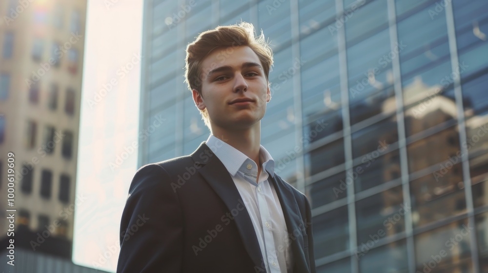 Young business man stands at the foot of an office building, gazing ...