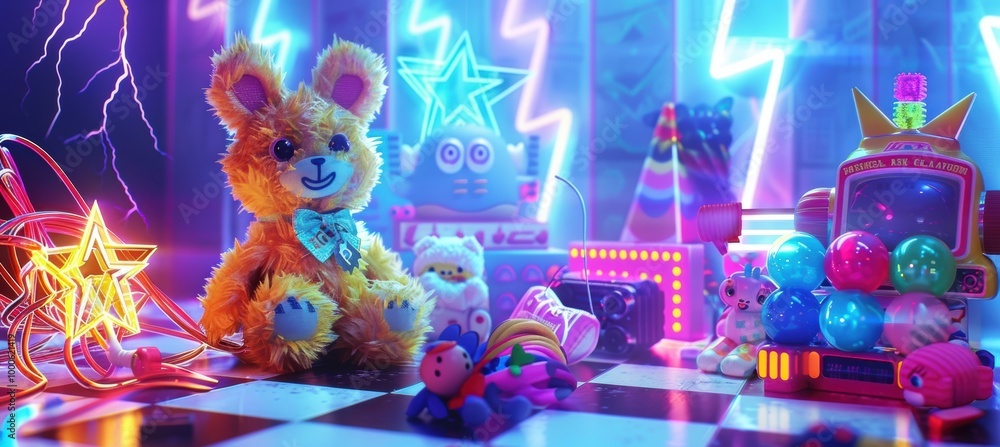 Retro 90s Toy Banner with Beanie Babies, Furby, and Neon Lightning ...