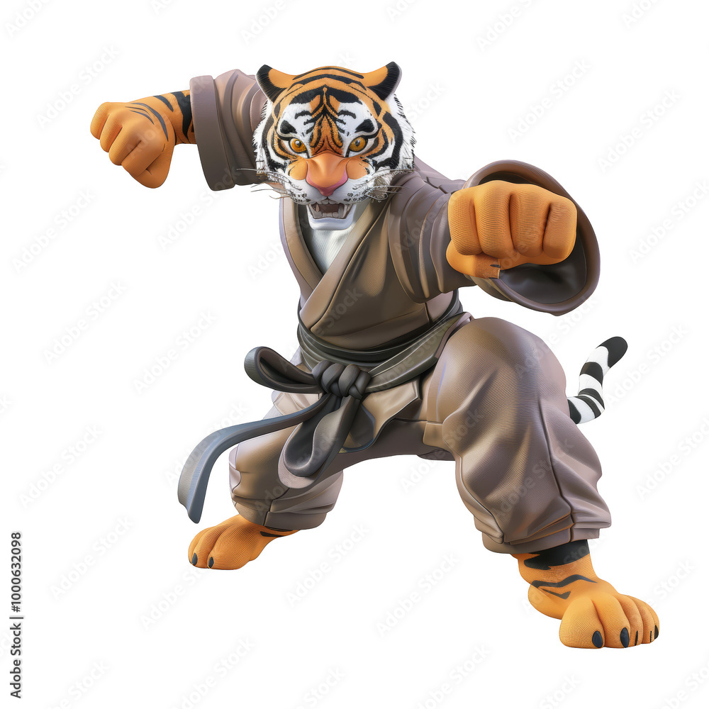A tiger wearing a brown karate gi and a black belt, with a fierce ...