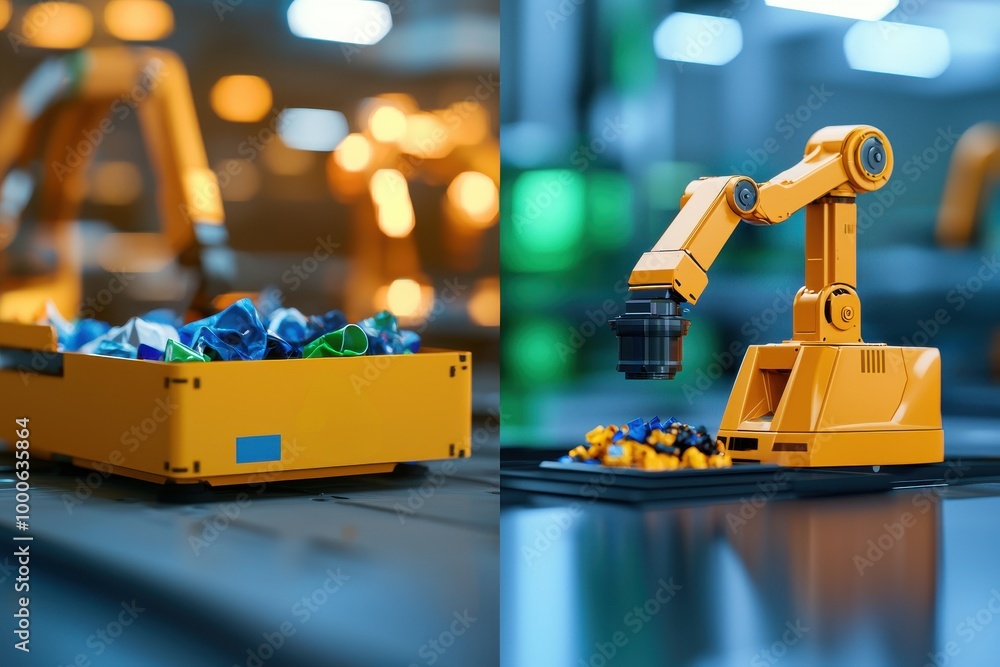 Industrial robotic arm sorting colorful plastic waste in warehouse ...