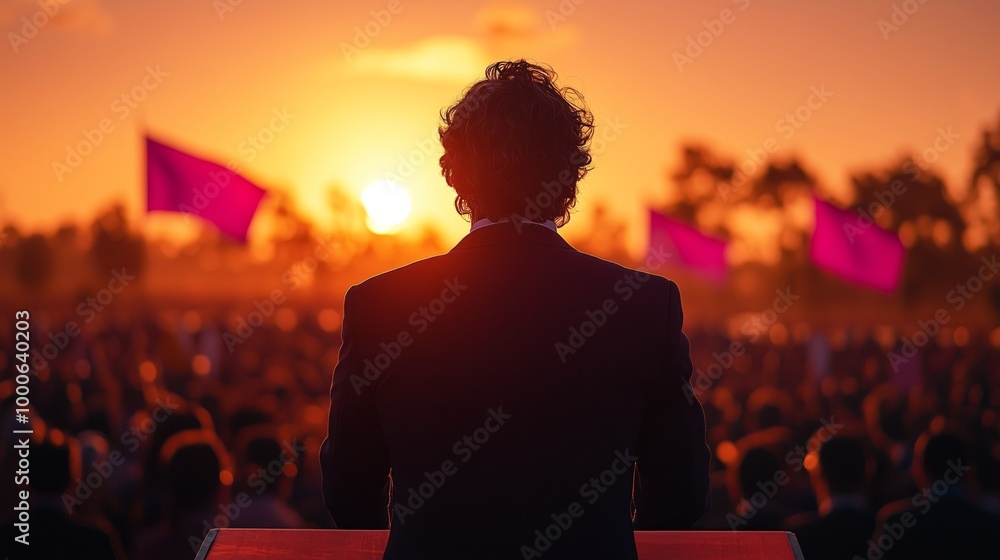 Politician silhouetted against sunset sky addresses crowd at rally ...