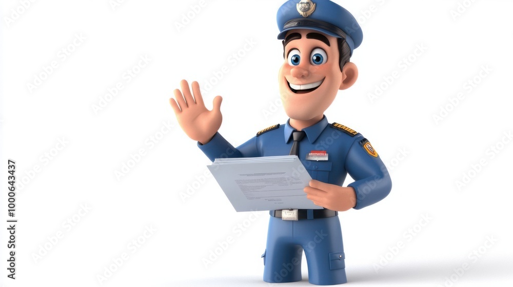 Cartoon air crew character in uniform giving a friendly wave, holding a ...