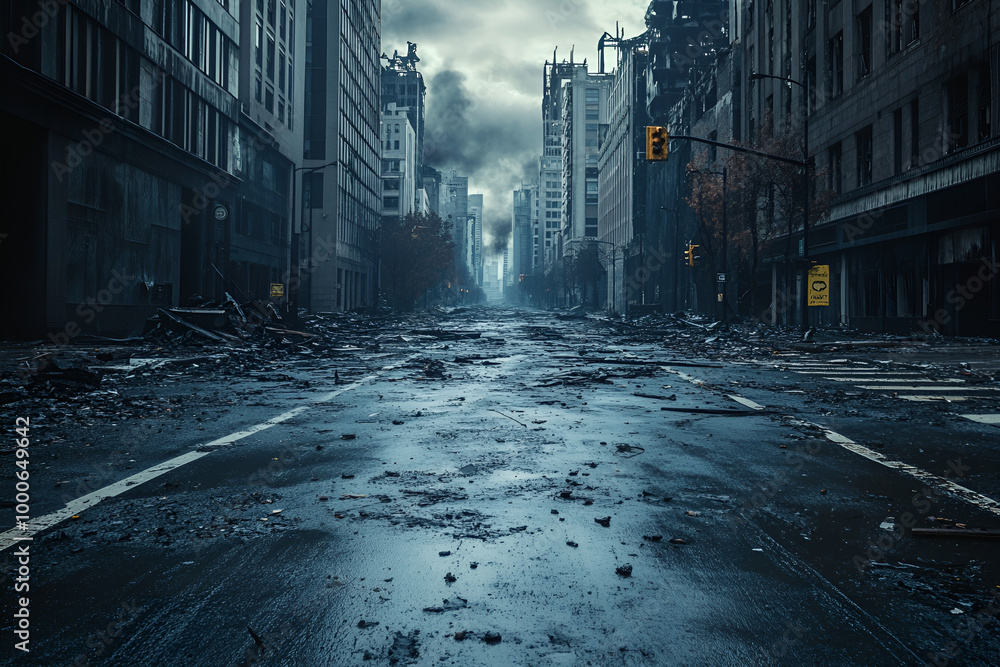Empty street of burnt up city. Apocalyptic view of city downtown as ...