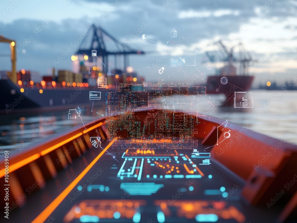 Close-up of a container ship's bridge with floating digital network ...