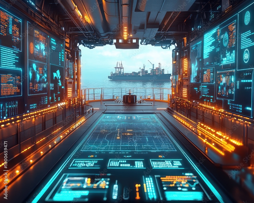 Stock-Illustration „Container ship with digital holographic screens and ...