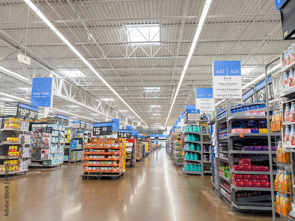 Walmart department store interior. Grocery store aisles. Stock Photo ...