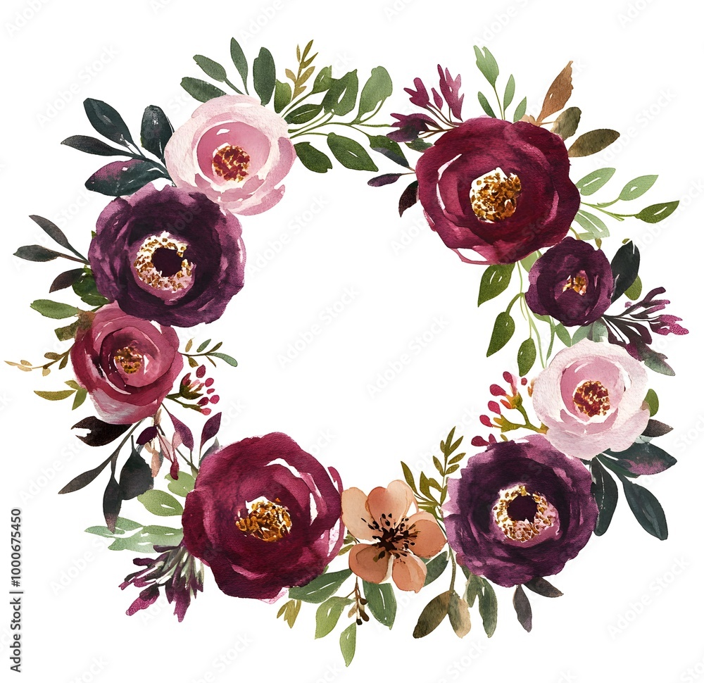 Watercolor floral wreath with burgundy and cream roses, clipart on a ...