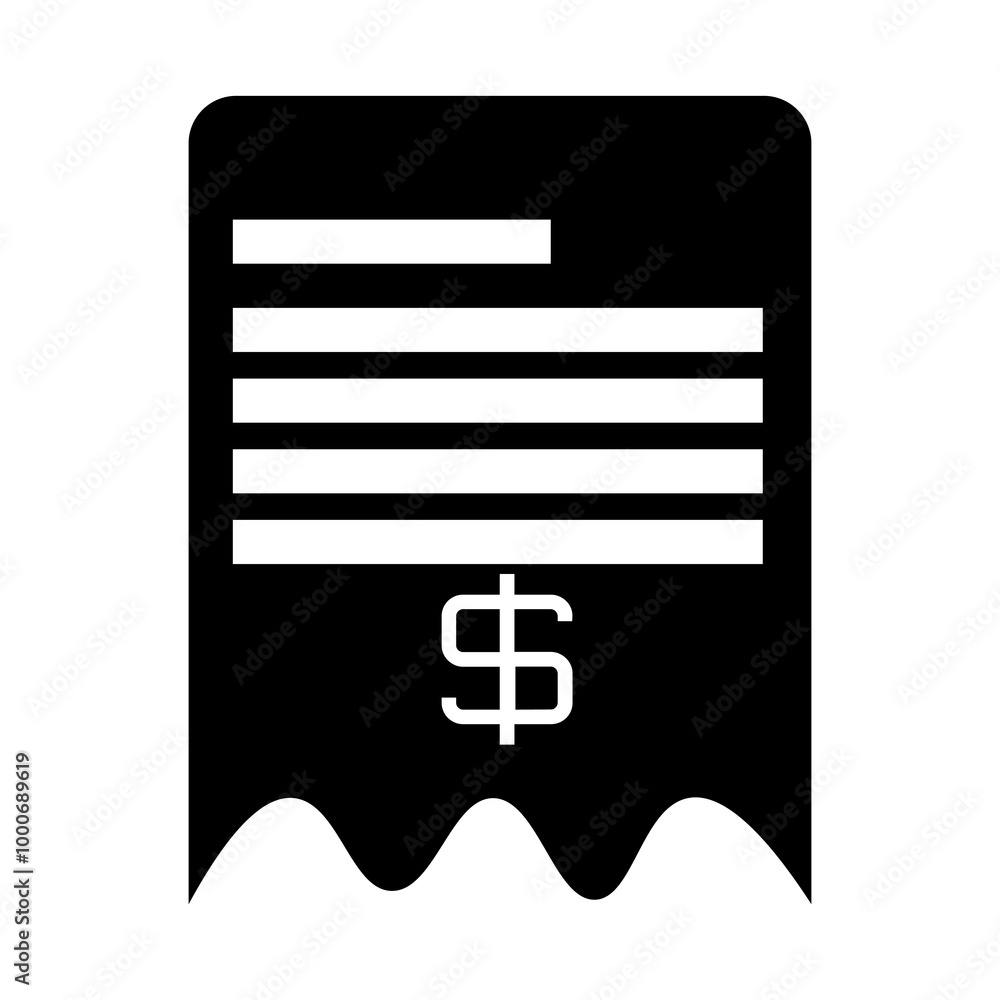 Receipt icon with a dollar sign and text lines, black and white ...