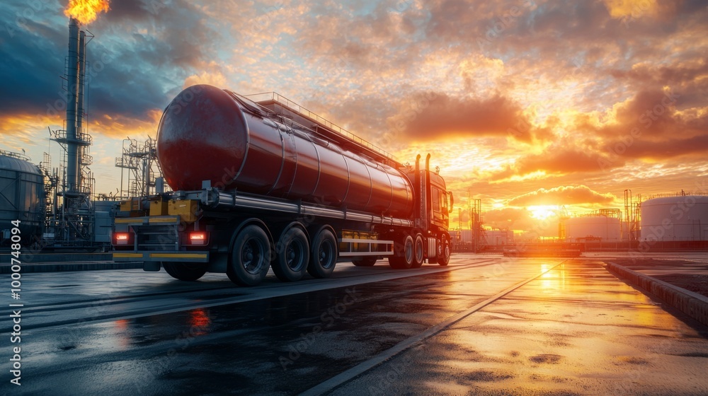 Tanker Truck to transport fuel in industrial petroleum plant. Closeup ...