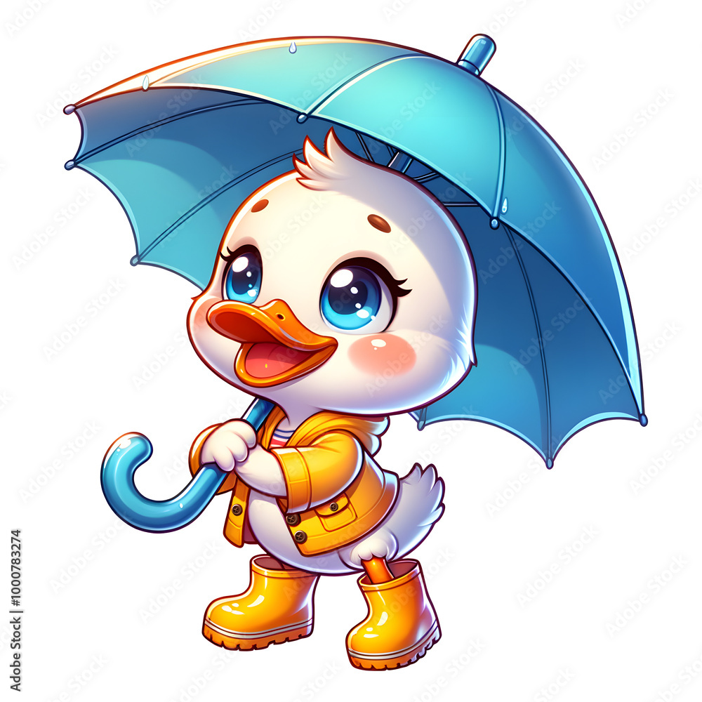 Cartoon illustration (PNG 300 dpi), Cute duck with umbrella in the rain ...