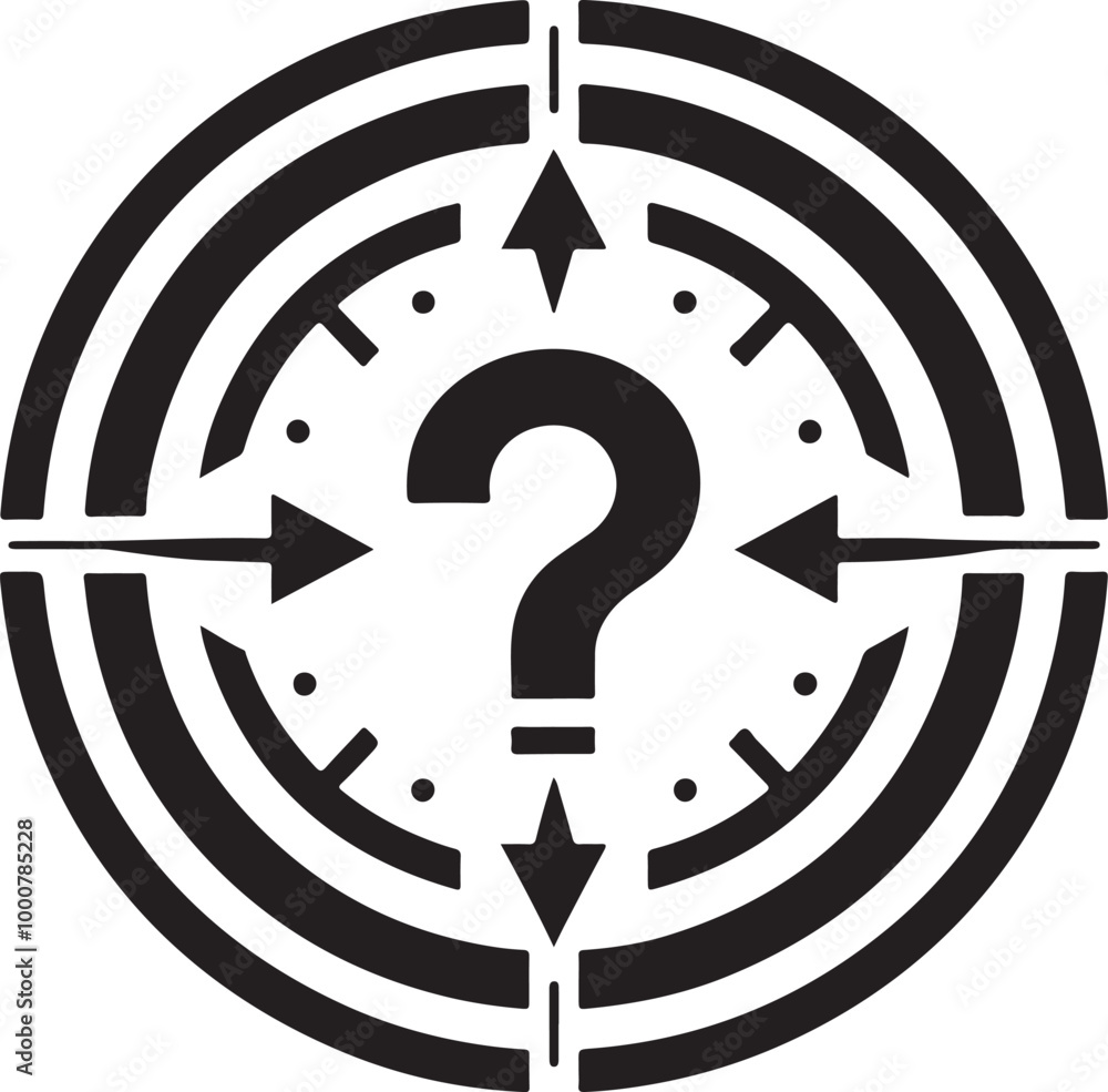 Icon, question mark, arrows pointing outward, black and white ...