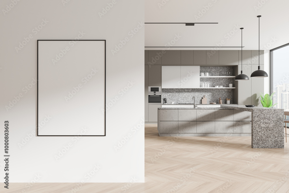 Blank poster on white wall in a modern kitchen with minimalist design ...