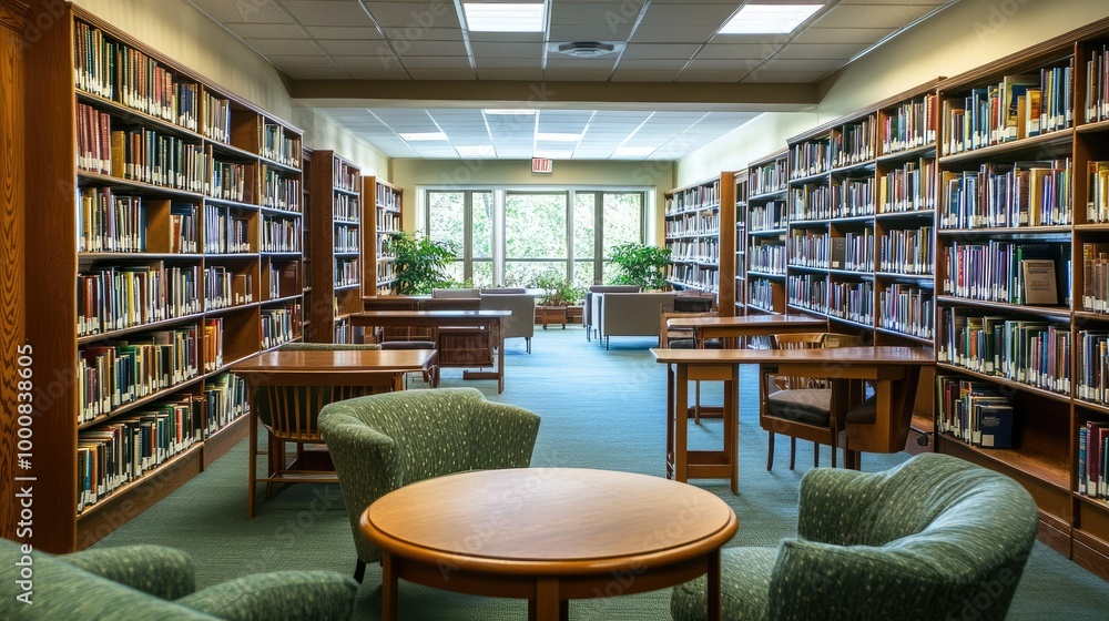 Spacious library featuring reading tables, cushioned chairs, and soft ...
