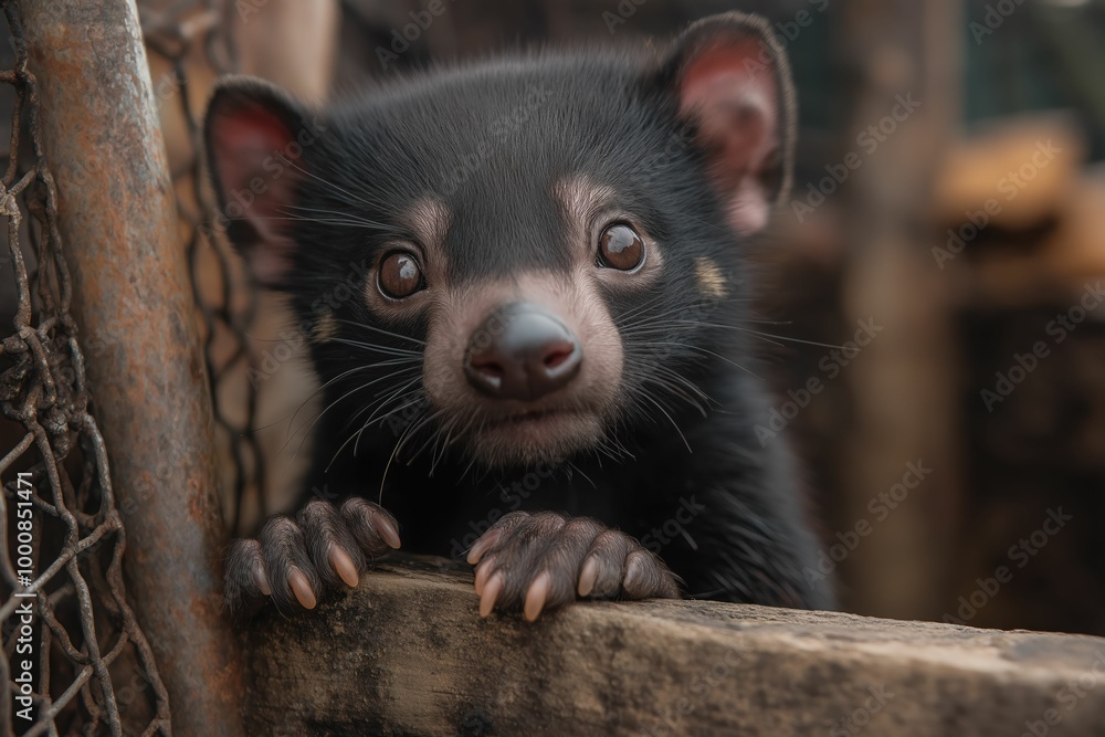Curious tasmanian devil peeking through enclosure fence. Wildlife ...