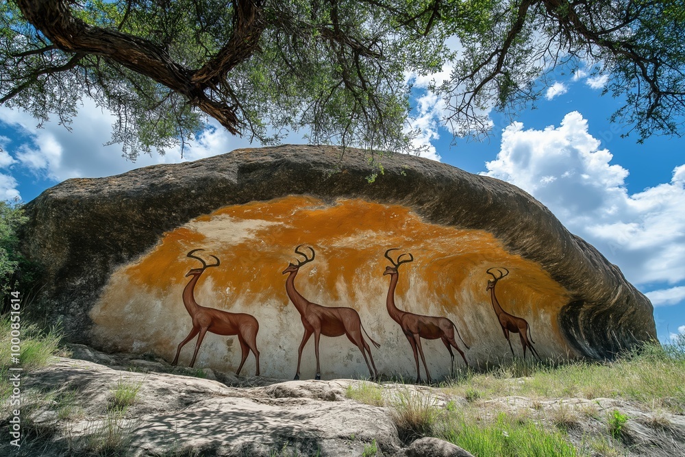 Ancient rock art depicting antelopes under tree canopy. Cultural ...