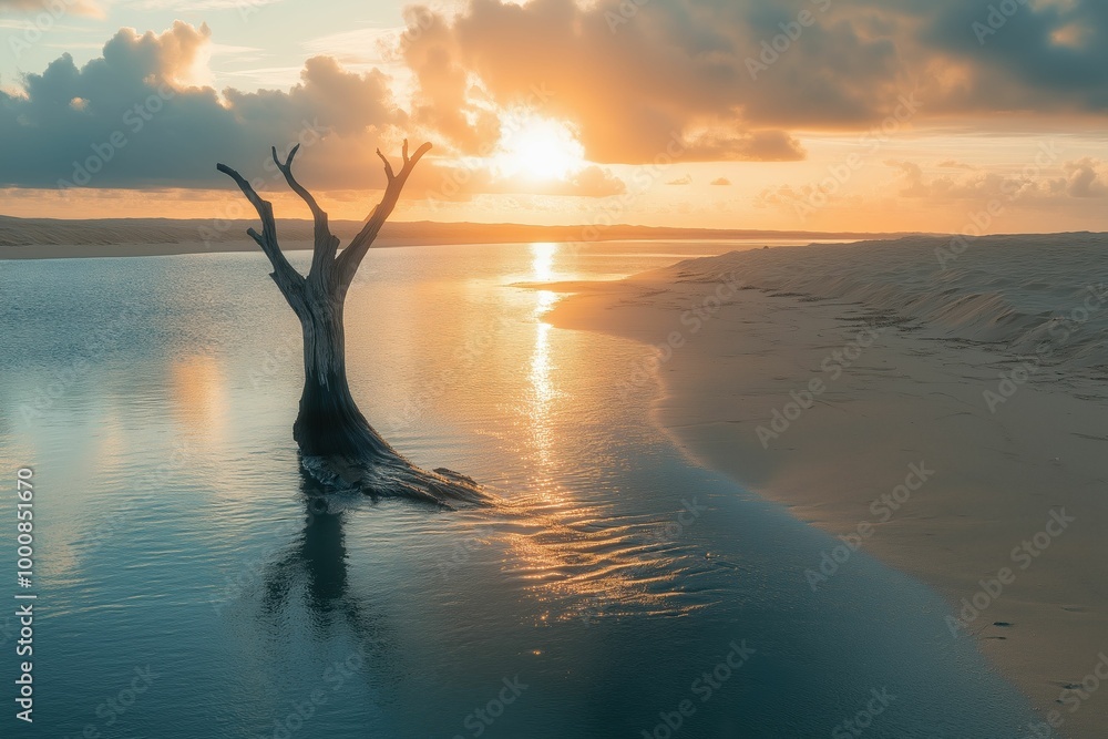 Lone dead tree in tranquil lagoon at golden sunset. Climate change ...