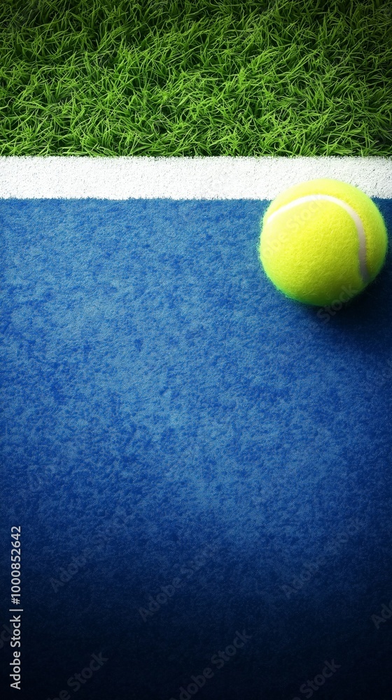 A close-up of a tennis ball on a blue tennis court with a white line ...