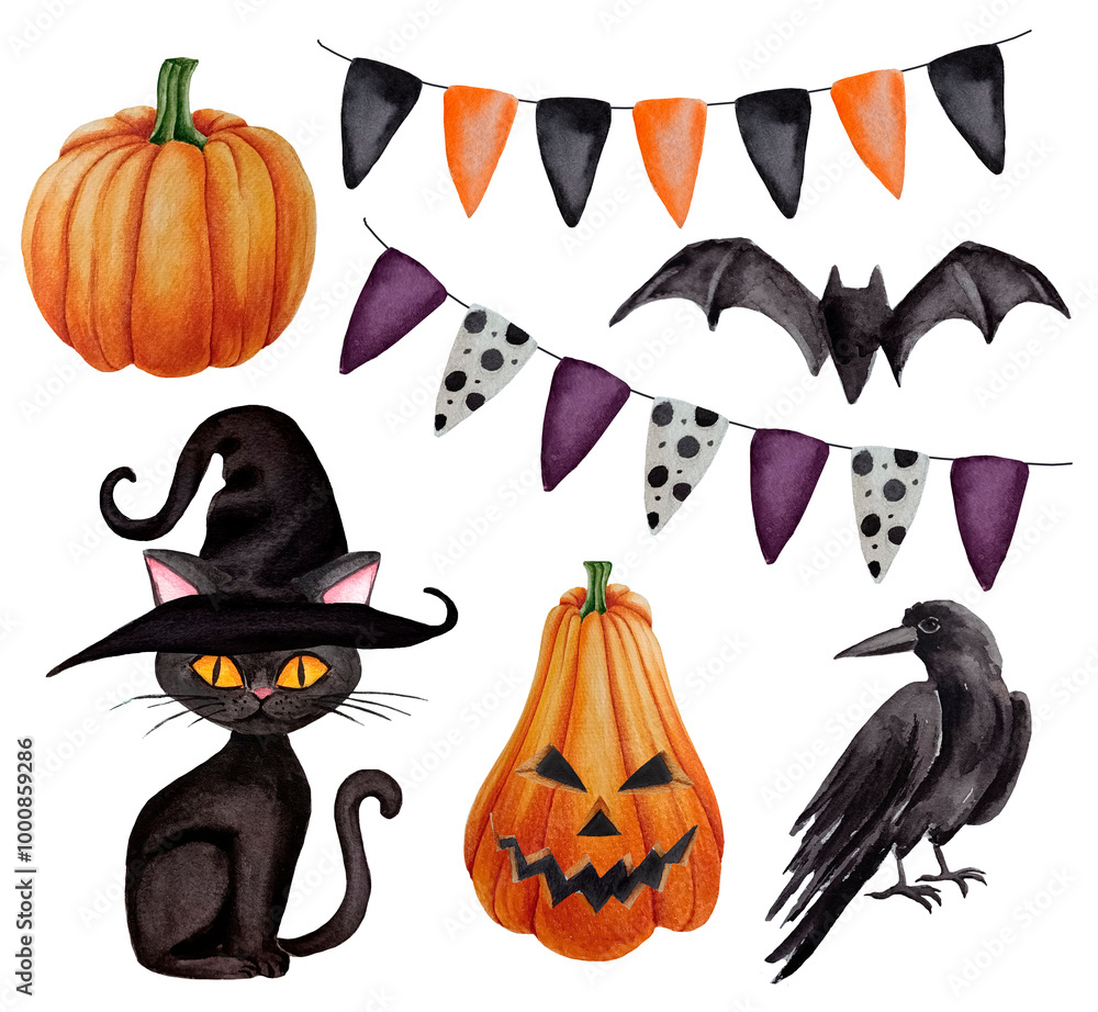 Watercolor set of Halloween elements: black cat in witch hat, bat ...