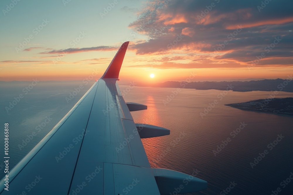 Airplane flight in sunset sky over ocean water and wing of plane. View ...