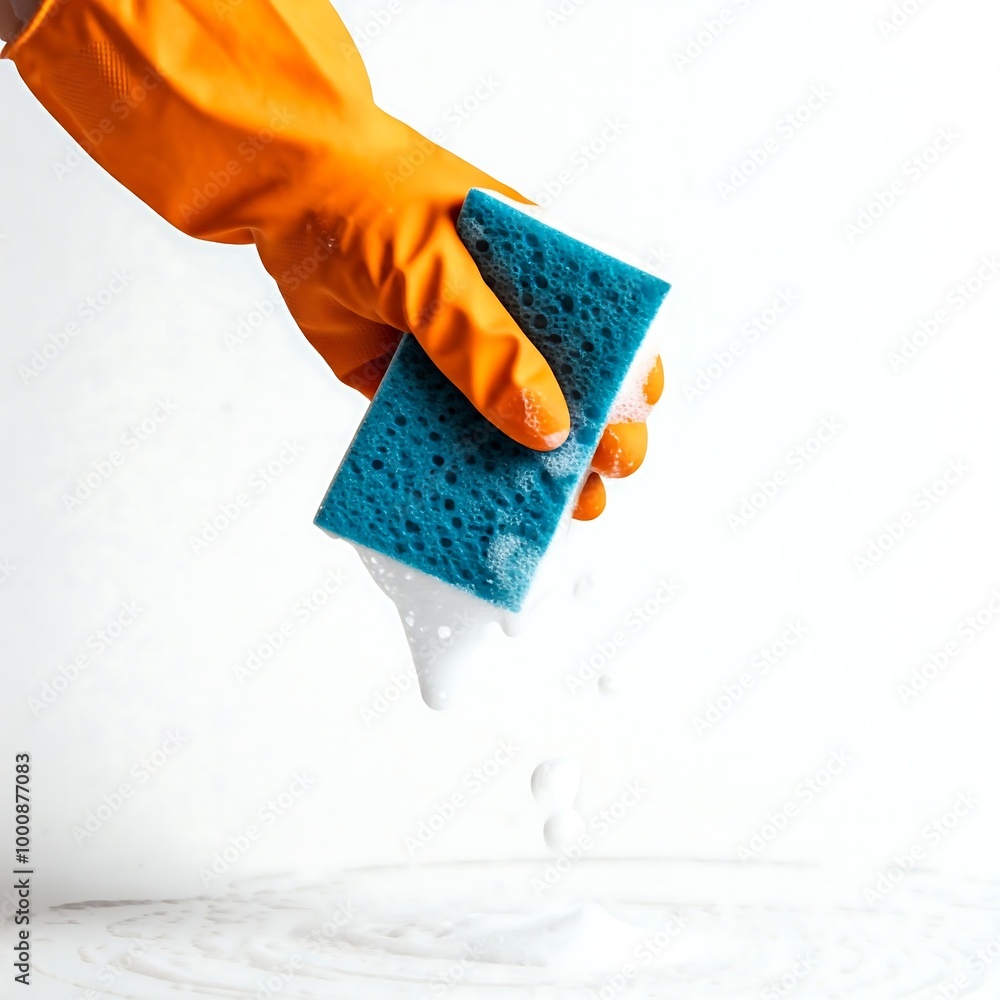 Hand in orange rubber glove holding compressed sponge with detergent ...