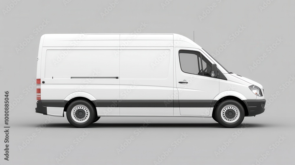 White delivery van, side view, isolated on a plain gray background ...