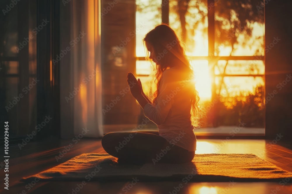 Foto de Stock Kneel. Woman Kneeling and Praying in Modern House at Sunset Time. Female Catholic ...