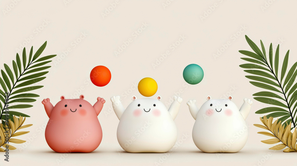Three cheerful, round hippos are juggling colorful balls in a playful scene surrounded by lush ...