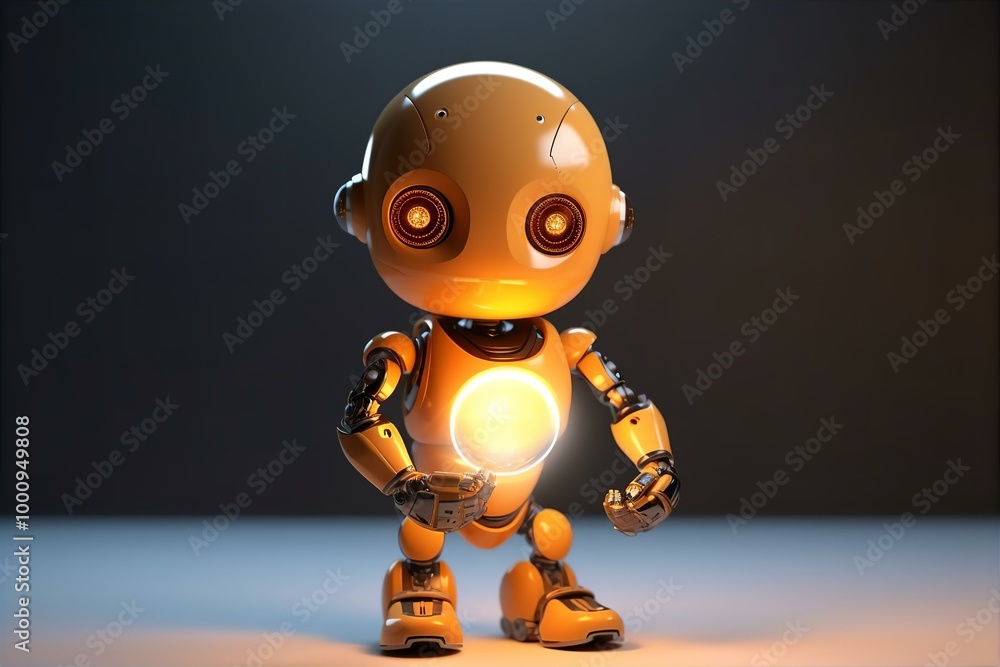 Cute Orange Robot Holding a Glowing Lightbulb, technology, innovation, adorable robot ...