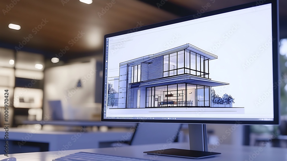 Architectural renderings of a two-story house displayed on a large ...