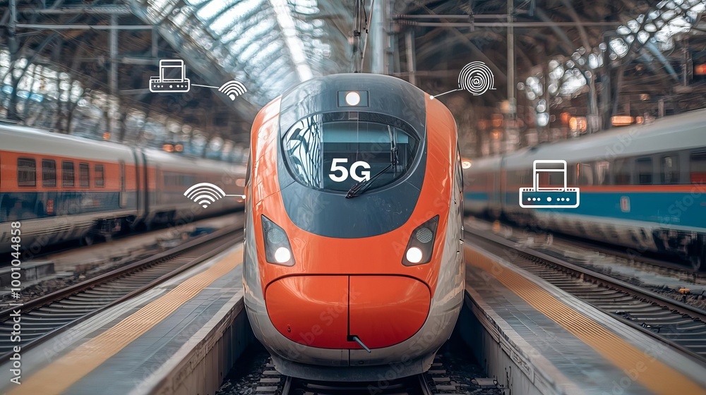 Power of 5G High-speed train surrounded by 5G symbols indicating ...