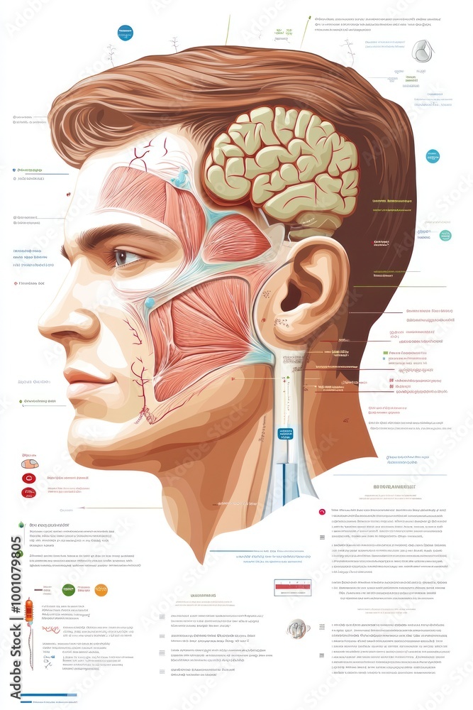 Anatomical illustration of a human head, highlighting muscles, blood ...