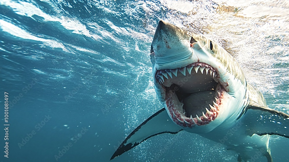 Large great white shark with its mouth wide open displays sharp teeth ...