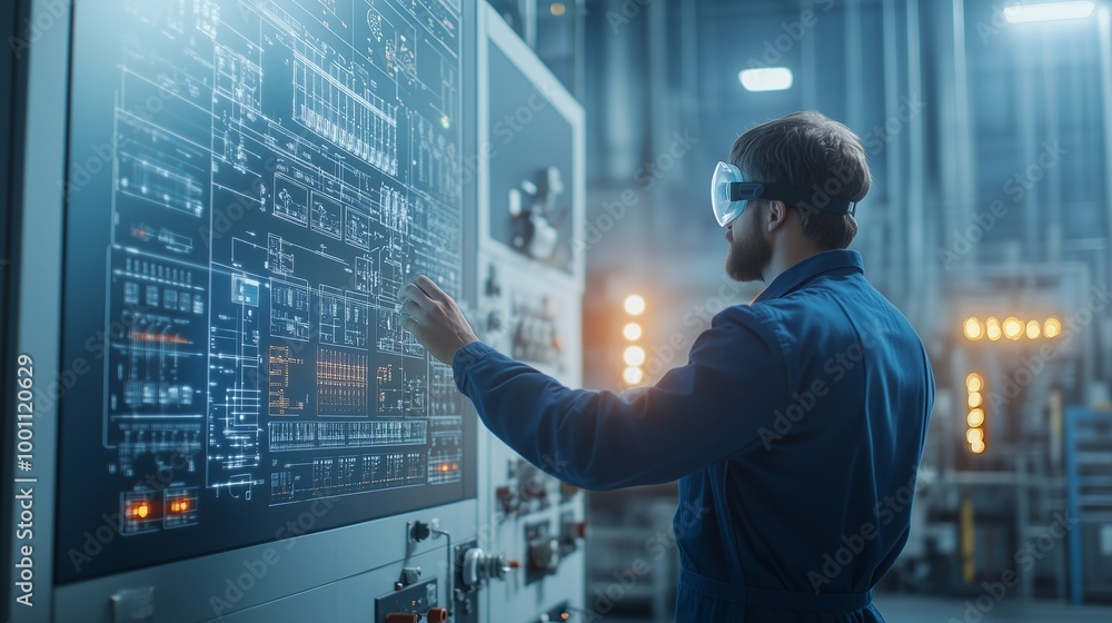 Electrician working on checking electric current voltages in a set of ...