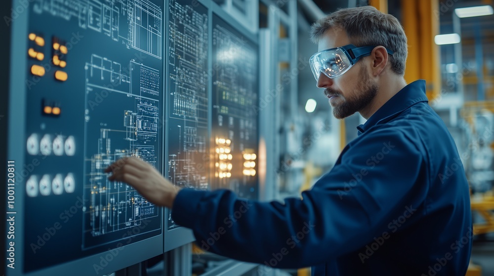 Electrician working on checking electric current voltages in a set of ...