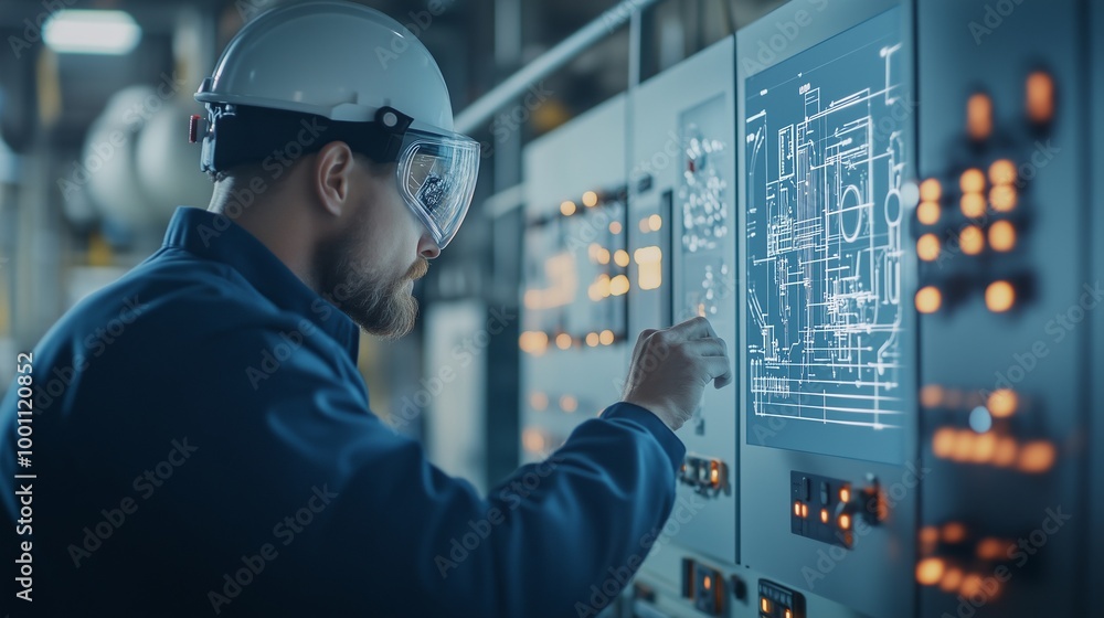 Electrician working on checking electric current voltages in a set of ...