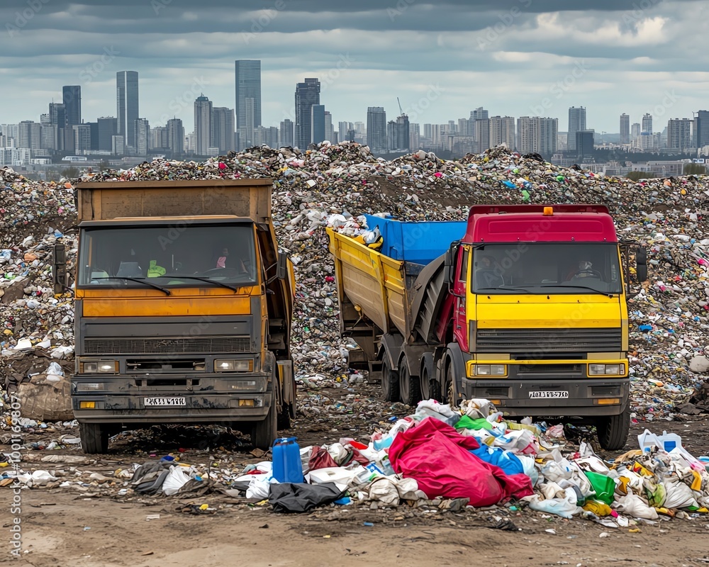 Dump trucks at a large landfill with a city skyline in the background ...