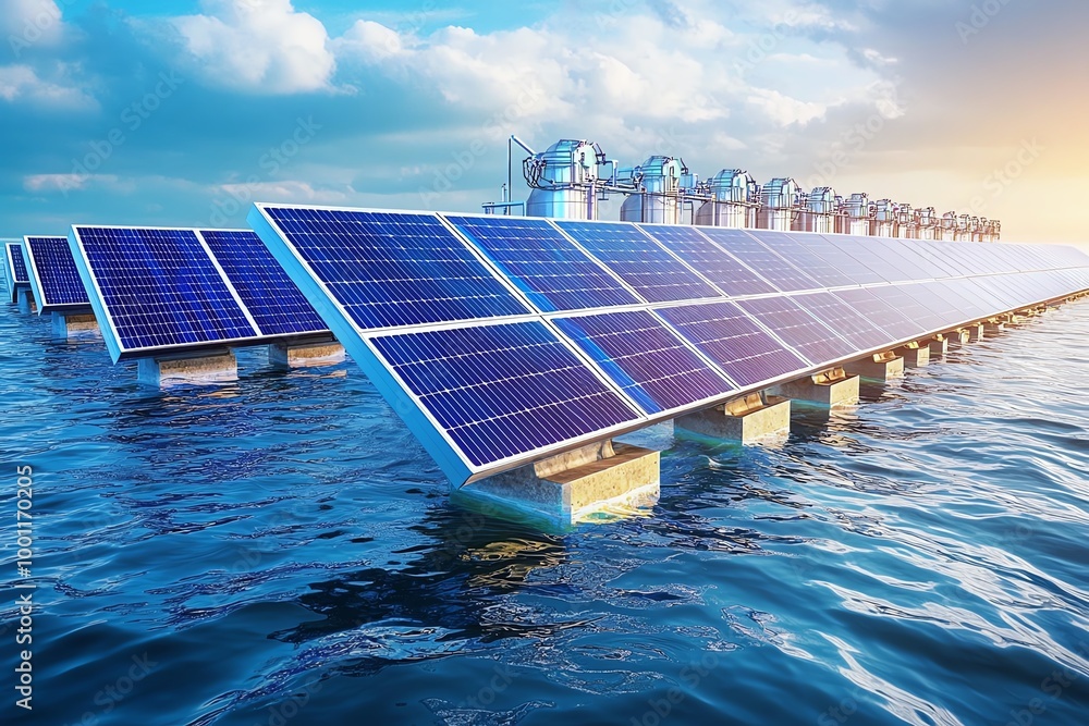 Floating solar panels on water body generating renewable energy at ...