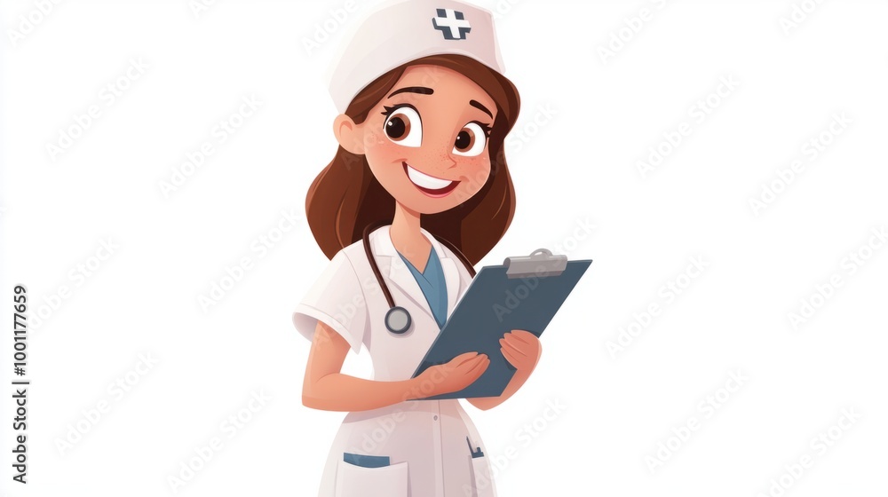 Cute nurse cartoon character with a friendly smile, holding a clipboard ...