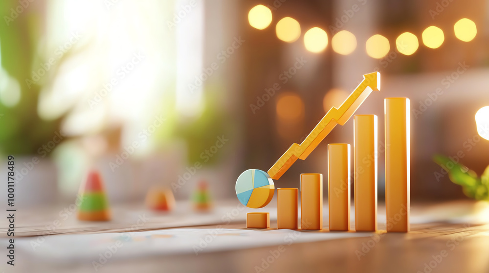 Visual report with bar charts, line charts, pie charts, 3D illustration ...