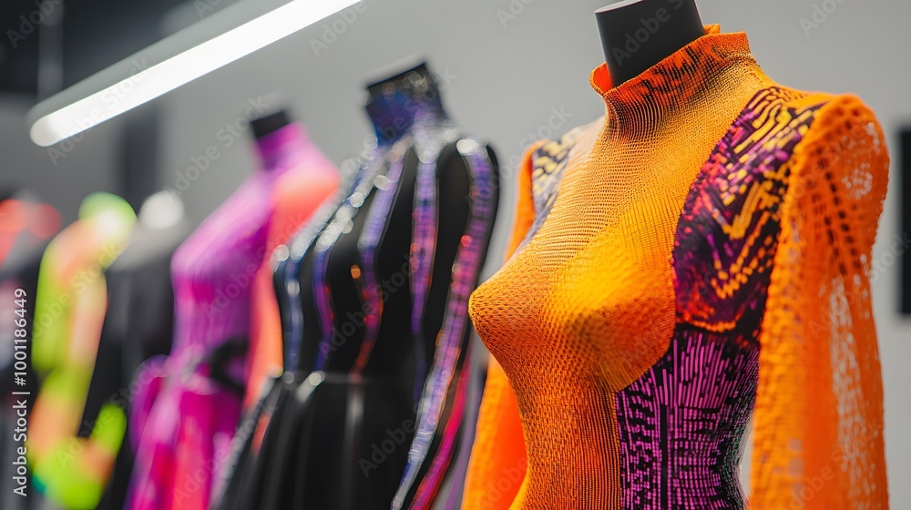 56. A vibrant fashion fair with advanced garments featuring integrated ...