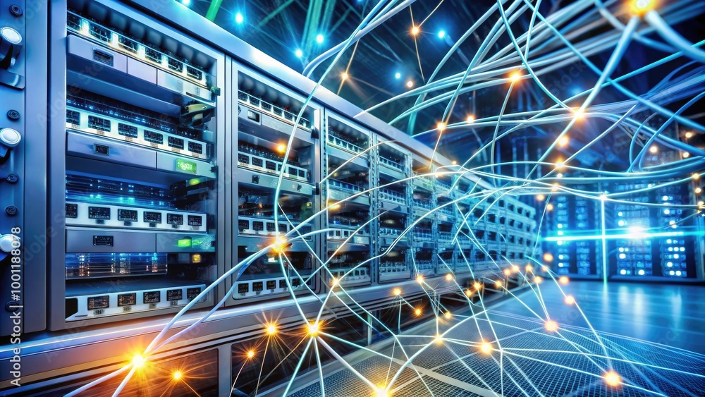 Digital network infrastructure background with routers, switches, and ...