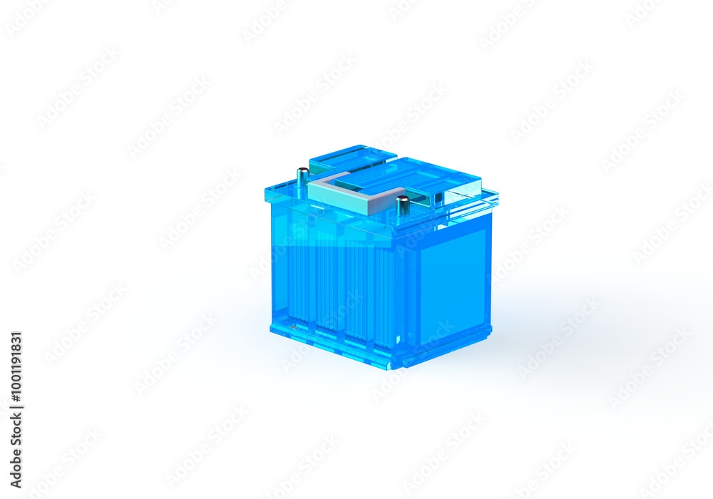 Car blue 12v battery. Energy capacity. 3d rendering on the topic of ...