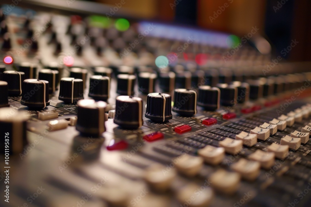 Professional audio mixer is shown with its knobs and faders for ...