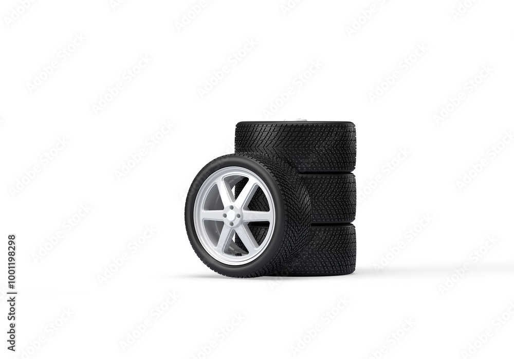 Set of four, car wheels, winter tire. Tread with metal spikes for snow ...
