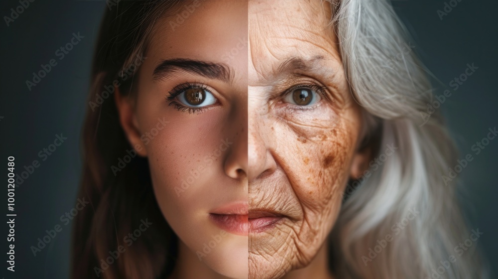 Split-face image of a young girl and an old woman, highlighting age ...