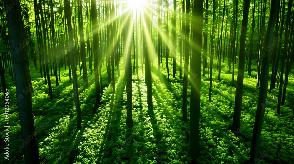 Lush green forest, sunlight filtering through trees, side view ...