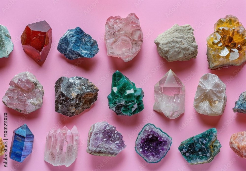 A variety of colorful gemstones and crystals arranged on a soft pink ...