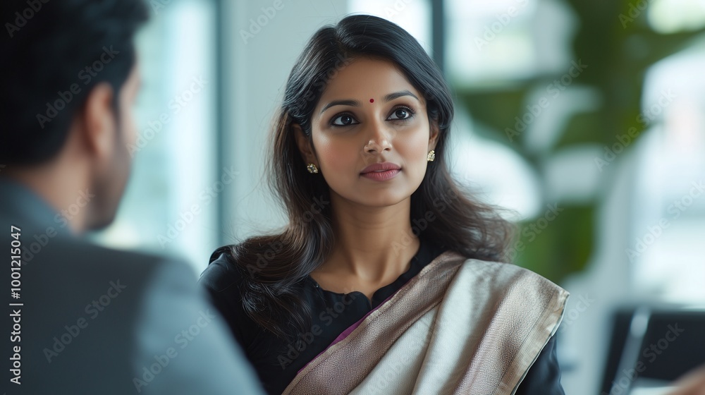 Portrait of a confident indian business woman in coversation with team ...